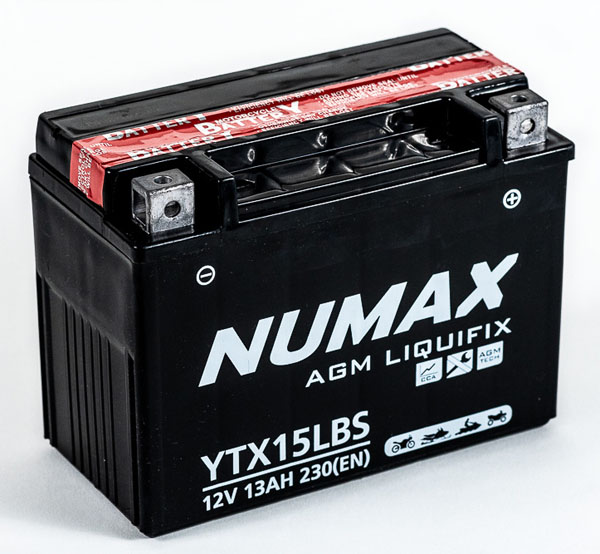 Batterie moto Numax Premium AGM avec pack acide YTX15L-BS 12V 13Ah 230A